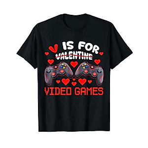 V Is For Video Games Funny Gamer Kids Boys Valentines Day T-Shirt