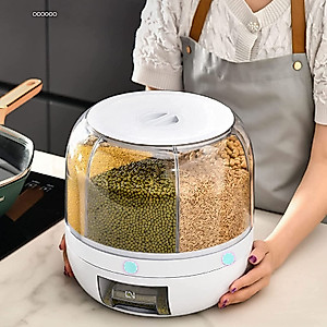 WJSP Cereal Dispenser Rice Bucket Dispenser 6 Grid 360° Rotating Rice Container Automatic Waterproof and Moisture-Proof Rice Storage Box for Kitchen, White
