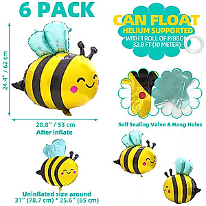 Cute Smile Face Bee Balloons Lovely Woodland Honeybee Balloons Bee Theme Birthday Supplies Party Decorations Baby Shower, 6 Pack Big Cartoon Bumblebee Mylar Foil Balloons Animal Party Balloons