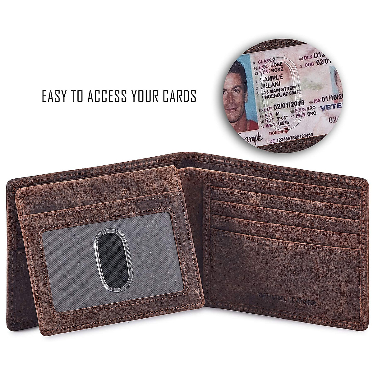 Cochoa Wallet for Men's RFID Blocking Real Leather Bifold Stylish 2 ID Window in Gift Box (CRAZY HORSE, COGNAC)