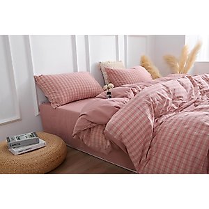 Generic All Season Washed Cotton Plaid & Gingham Duvet Cover Set - Soft, Durable Bedding in with Pillow Cases - Trendy, Versatile Bedroom Decor (Pink, Full/Queen)