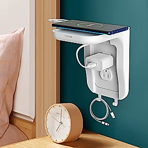 Suptek Wall Outlet Shelf, Home Wall Shelf Organizer for Outlets, Perfect for Bathroom, Kitchen, Bedrooms,Ideal for Cell Phone,Speaker up to 20lbs,With Cable Management and Detachable Hooks,White(S3W)