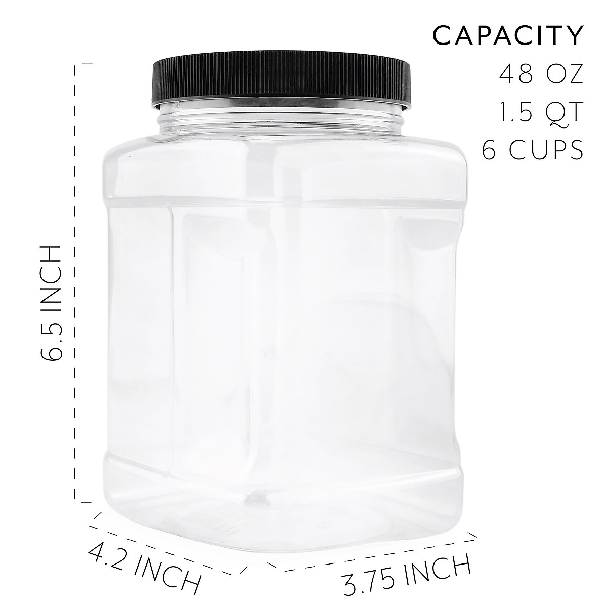 Cornucopia 48oz Square Plastic Jars (3-Pack); Clear Rectangular 6-Cup Canisters w/ Black Lids, Easy-Grip Side