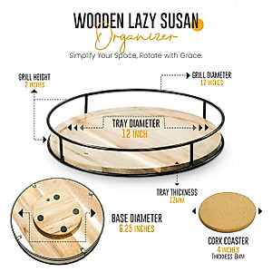 DECORSTATION Wooden Lazy Susan Organizer, 12.5 Inches - Round Lazy Susan for Table, Artistic Acacia Wood with Sturdy Black Steel Bar - 360 Degree Smooth Rotating – Suitable for Countertops & Cabinets