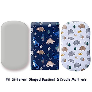 JAROSY Ultra Soft Baby Bassinet Sheets 3 Pack, Silky Skin-Friendly Cradle Sheets for Boys, 5'' Deep Pocket Fit Various Shaped Cradle and Bassinet Mattress, Dinosuars & Elephant & Grey
