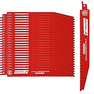 Souyou 25 Pack 9 Inch 6/12 Tpi Reciprocating Saw Blades Bi-Metal Steel Demon with Perma-Shield Coating Stud and Nail Sawzall Blades Sawzall Blades for Cutting Embedded Wood Metals PVC Pallets etc.