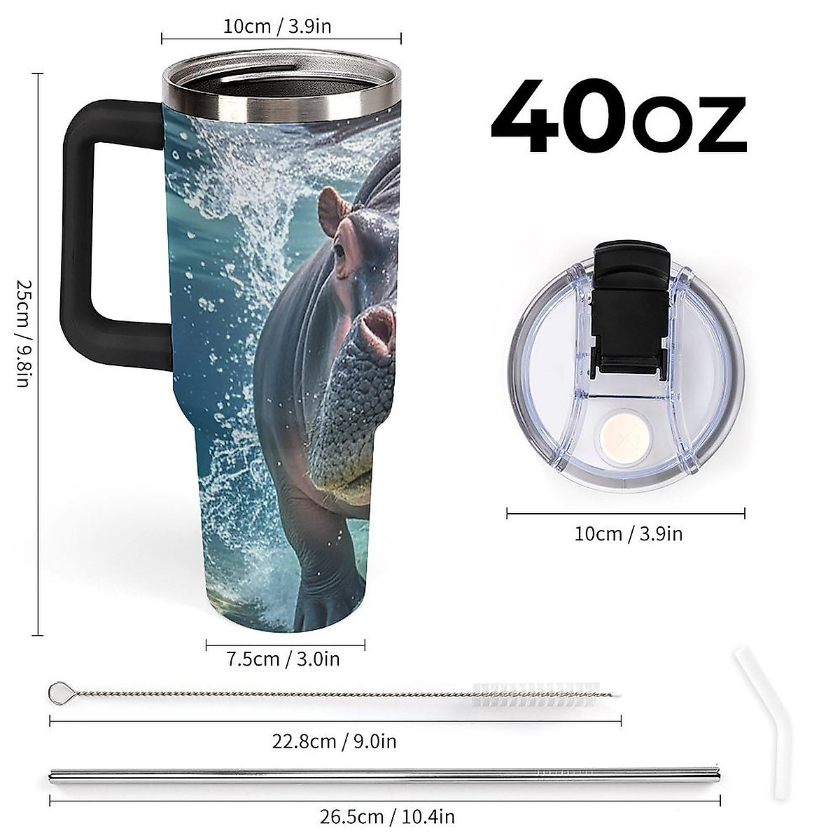 FHECVBN Black 40 Oz Insulated Tumbler with Handle Diving Hippo Printed Leakproof Water Bottle Coffee Mug Car Cup for Gym Outdoors Commute Work