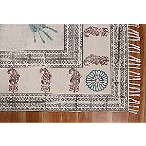 Casavani Hand Block Printed Cotton Dhurrie Bordered Blue & Brown Area Rug Doormat Floor Rug Indoor Area Rugs for Bedroom Living Room Laundry Room 6x8 Feet