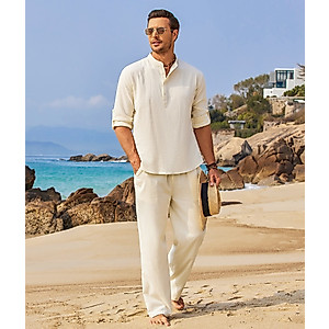 COOFANDY Men's 2 Pieces Cotton Linen Set Long Sleeve Henley Shirts Casual Beach Pants With Pockets Summer Yoga Outfits