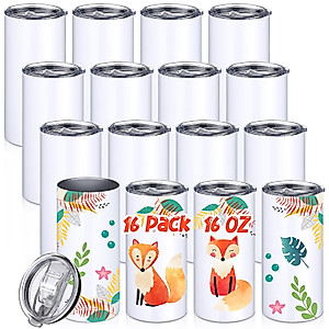 16 Pack Sublimation Skinny Tumbler Bulk 16oz Stainless Steel Straight Tumbler Slim Insulated Cup Set Double Wall Vacuum Water Tumbler Blanks White Cup with Lid for Art DIY Craft Coffee Gift Beverage