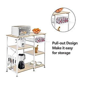 Baker's Rack 3 Tier Utility Storage Shelves with 5 Hooks Standing Storage Rack Floor Spice Rack Storage Shelf Organizer and Shelving Heavy Duty for Kitchens Microwave Living Room Bedroom (White)