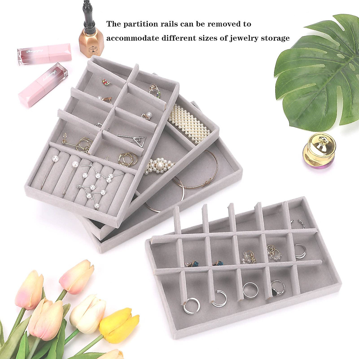 AIRZSNRY Jewelry Organizer for Drawer, Velvet Jewelry Insert Tray, Stackable Jewelry Storage Inserts Stacking Accessories Display for Dresser(Grey,Set of 4)