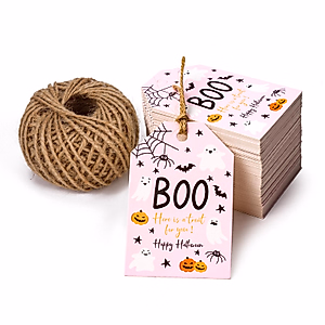 WRAPAHOLIC Gift Tags with String - 100PCS 2 x 3 Inch Halloween Pink Ghost Boo Design Paper Tags with 100 Feet Natural Jute Twine for Holiday and Party Decoration