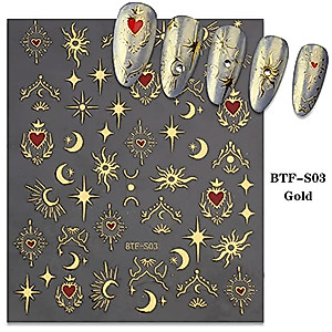 3 Sheets Nail Art Stickers Decals Gold Sun Moon Star Stripe Line Nail Decals Self-Adhesive Heart Nail Art Supplies for Nail DIY Decoration 3D Adhesive Nail Accessories for Women French Nail Design