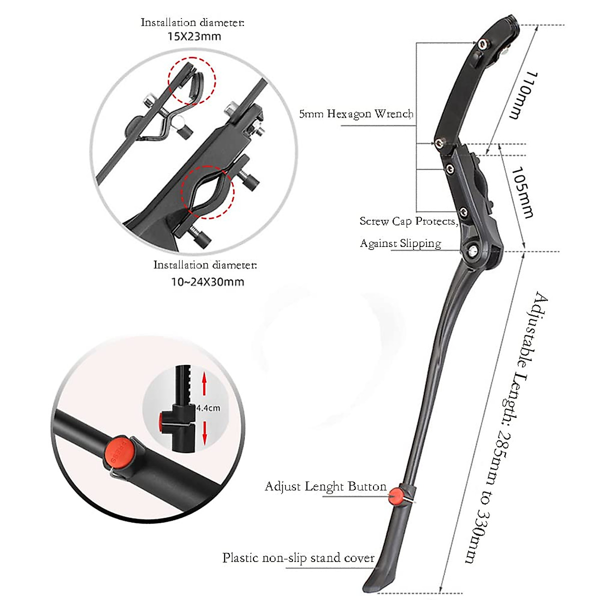 BlueSunshine Rear Mount Bicycle Kickstand Adjustable Aluminum Alloy Bike Stand fits 24"-28"