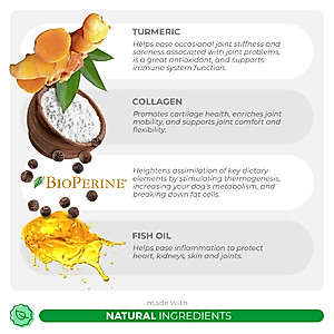 Turmeric Curcumin for Dogs - 90 Soft Chews - with Collagen, BioPerine and Fish Oil - Hip & Joint Support, Ease Inflammation, Antioxidant, Cardiovascular & Liver Support.