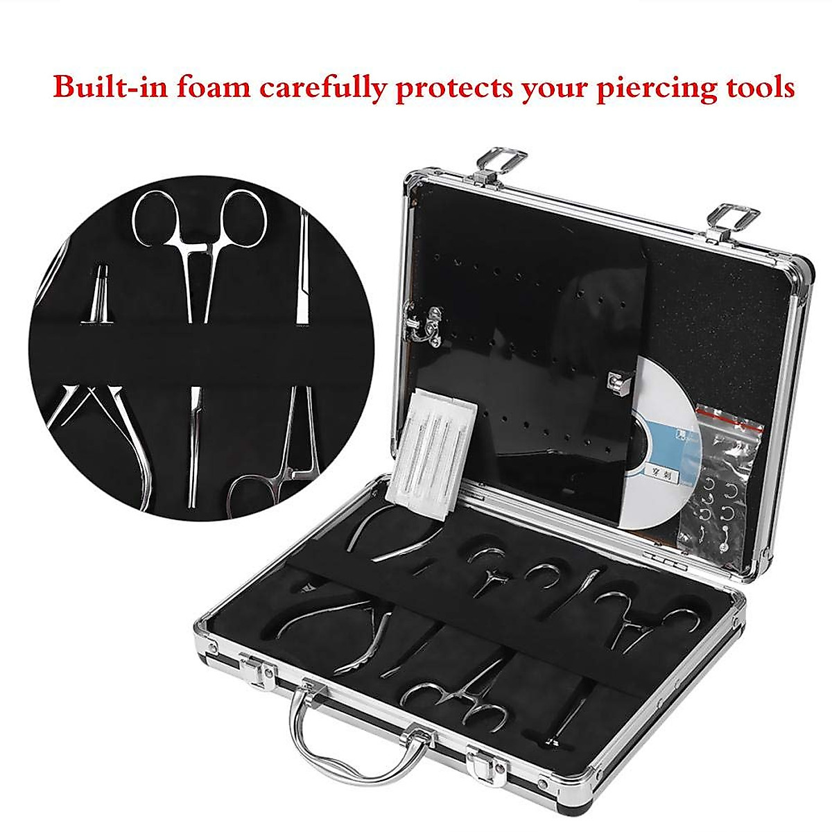 Professional Body Piercing Kit, Navel Ear Tongue Piercing Tools - Pliers, Needles, Teaching CD and Body Jewelry Included - Portable Piercing Kits with Case