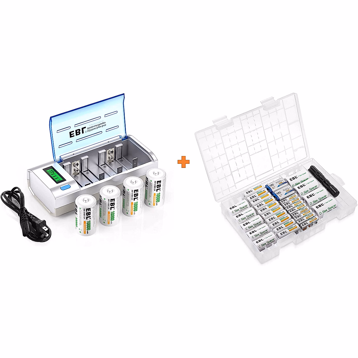 EBL Rechargeable Batteries Kit with C D 9V AA AAA Battery Charger and 10000mAh D Rechargeable Batteries