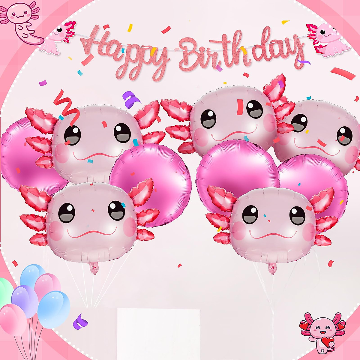 Trandraft 9 Pcs Axolotl Birthday Decorations Pink Inflatable Axolotl Party Supplies Include 4 Pcs Aluminum Foil Axolotl Balloons 4 Round Balloons and 1 Axolotl Happy Birthday Banner for Themed Party