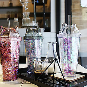 AEIOFU Water Bottle Plastic Cup with Straw, Sequins Double Layer Water Bottle with Cat Ears Glitter Water Cup for Girls Pink