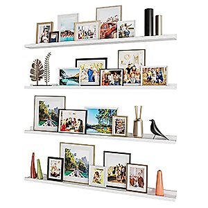 Wallniture Denver 46" White Floating Shelves for Wall Decor, Wall Bookshelves for Living Room, Photo Ledge for Bedroom, Rustic Wall Shelves, Floating Wall Bookshelf, Wood Picture Ledge Shelf Set of 4