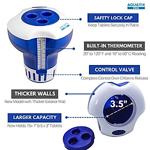Aquatix Pro Pool Chlorine Floater Dispenser with Thermometer for 1 to 3 inch Tablets, Large & Durable Floating Dispenser for Spa, Hot Tub, Jacuzzi, In-ground & Above Ground Pools, Adjustable Flow Rate