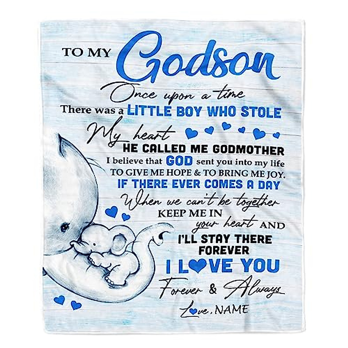 TeesNow Personalized to My Godson Elephant Blanket from Godmother I'll Stay There Forever Godson Birthday Christmas Customized Bed Quilt Fleece Throw Blanket (30 x 40'' - Baby Size) 1068