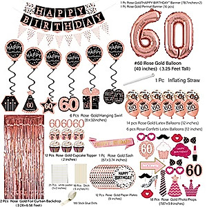 60th birthday decorations for women - (76pack) rose gold party Banner, Pennant, Hanging Swirl, birthday Balloons, Foil Backdrops, cupcake Topper, plates, Photo Props, Birthday Sash for gifts women