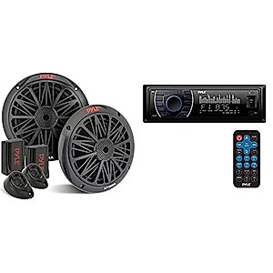 Pyle 200 Watt Marine Boat Speaker System Weather Proof Dual 2 Way 6.5 Inch Outdoor Speakers w/ 85Hz-6kHz Frequency Response, Heavy Duty 8oz Magnet Structure PLMR6KB & Bluetooth Marine Receiver Stereo