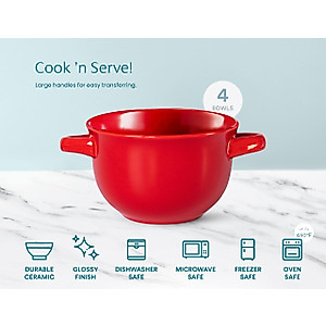 KooK Broil Safe Soup Bowls, French Onion Soup Crocks, Oven Safe Soup Mugs, Ceramic Bowls with Handles, for Rice, Dessert, Pasta, Dishwasher, Microwave, Set of 4, 18 oz (Red)