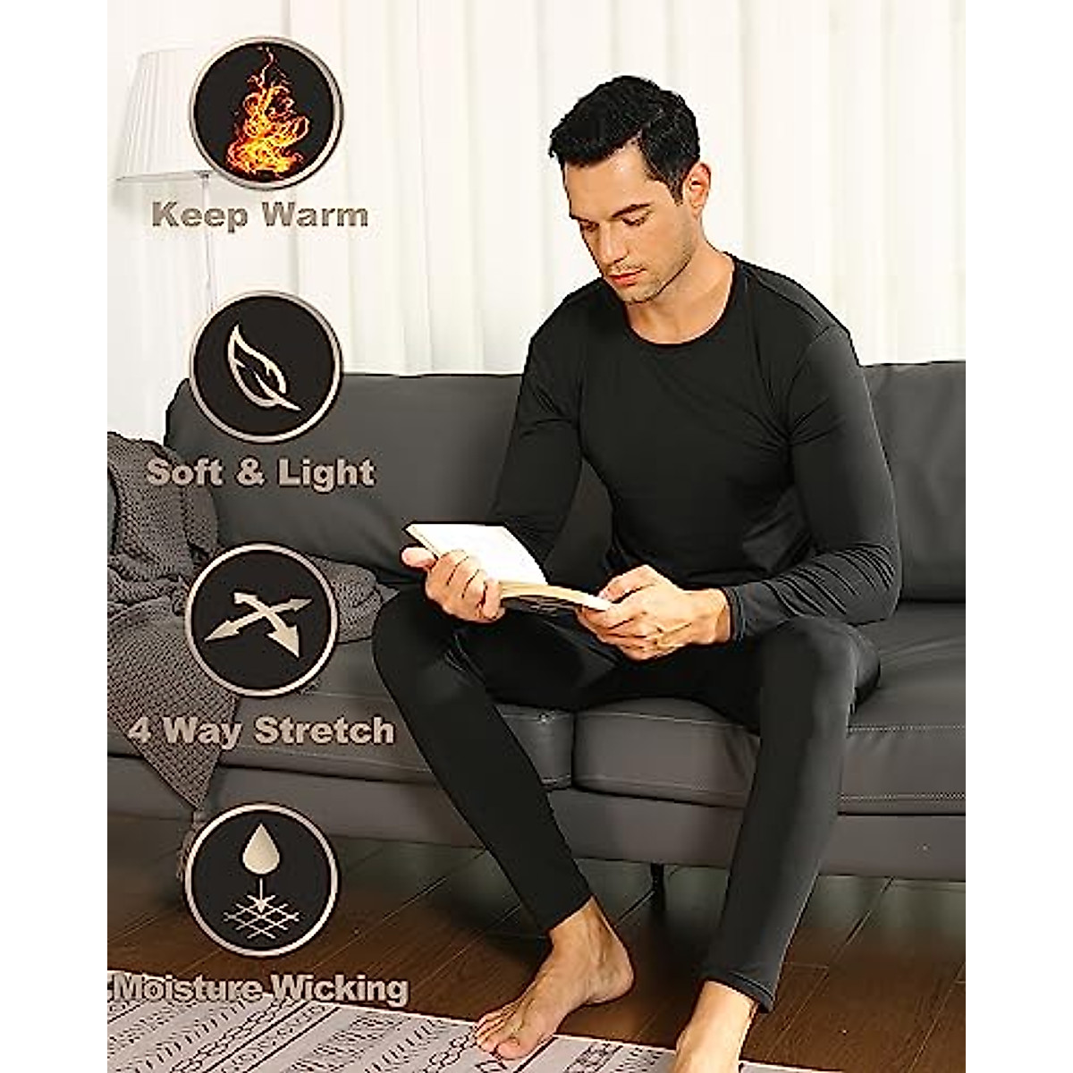 Thermal Underwear for Men Long Johns Thermals Top Bottom Set Base Layer Black L