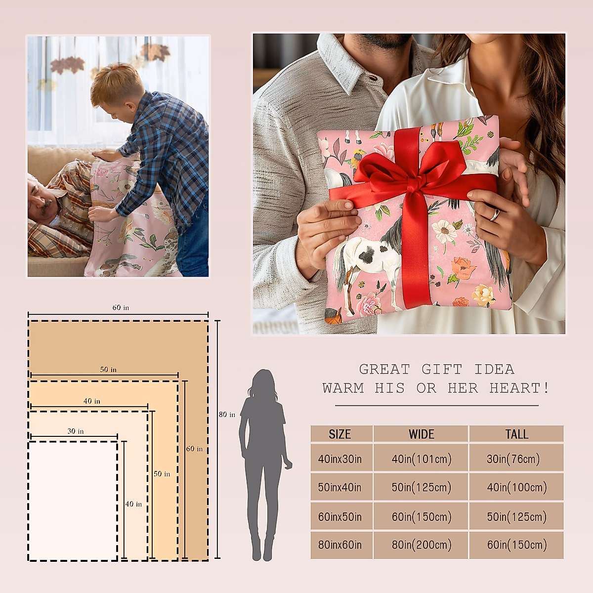 Ooeiiiy Horse and Flowers Blanket, Gifts for Girls Woman, Super Soft Warm Flannel Horse Throw Blankets, Sofa Office Lightweight Blanket, Cute Animal Horses Print Blanket 50x40 in