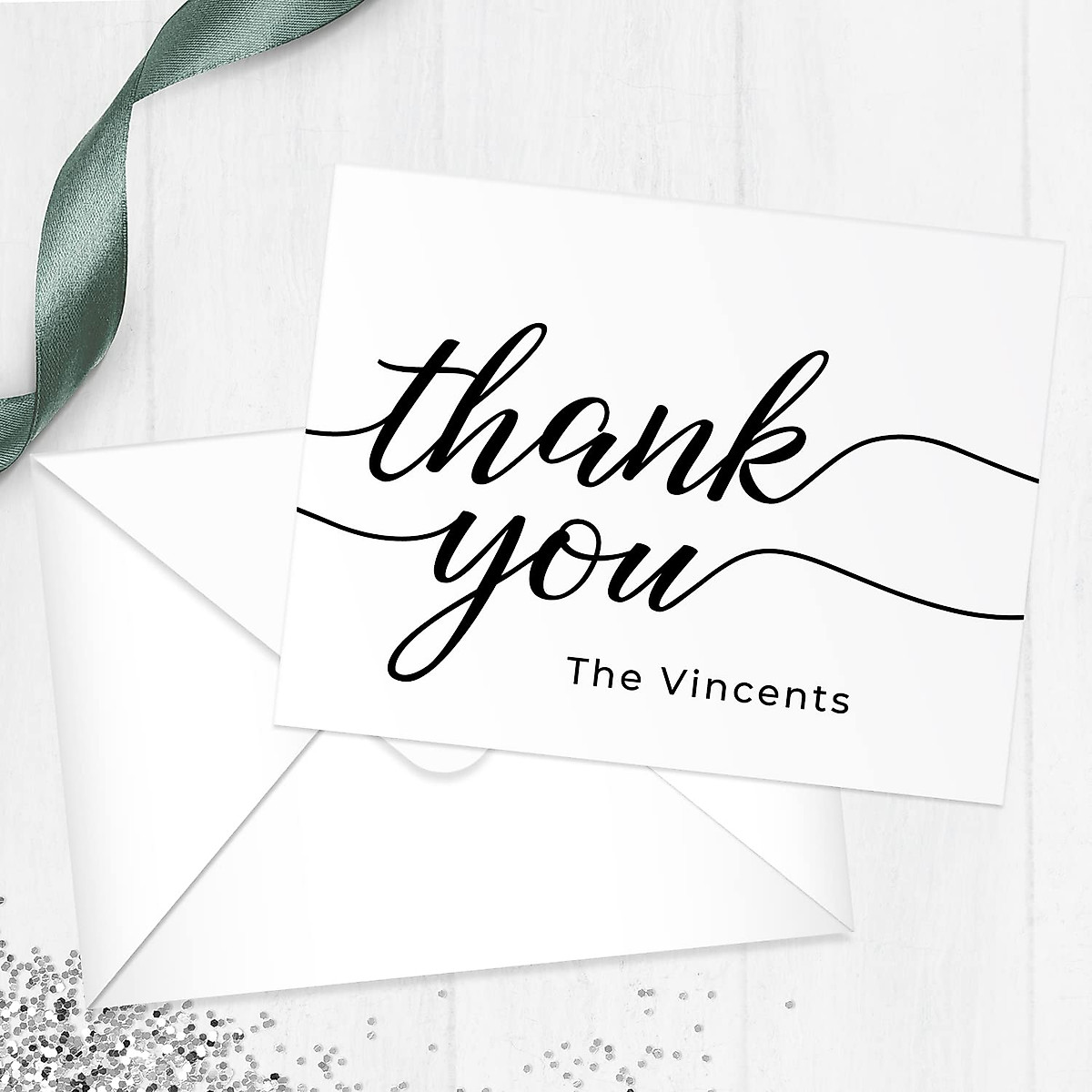 Script Black And White Personalized Thank You Cards / 100 Modern Cursive Custom Appreciation Note Cards With White Envelopes / 4 1/4" x 5 1/2" Bulk Generic Wedding Thanks Greeting Cards