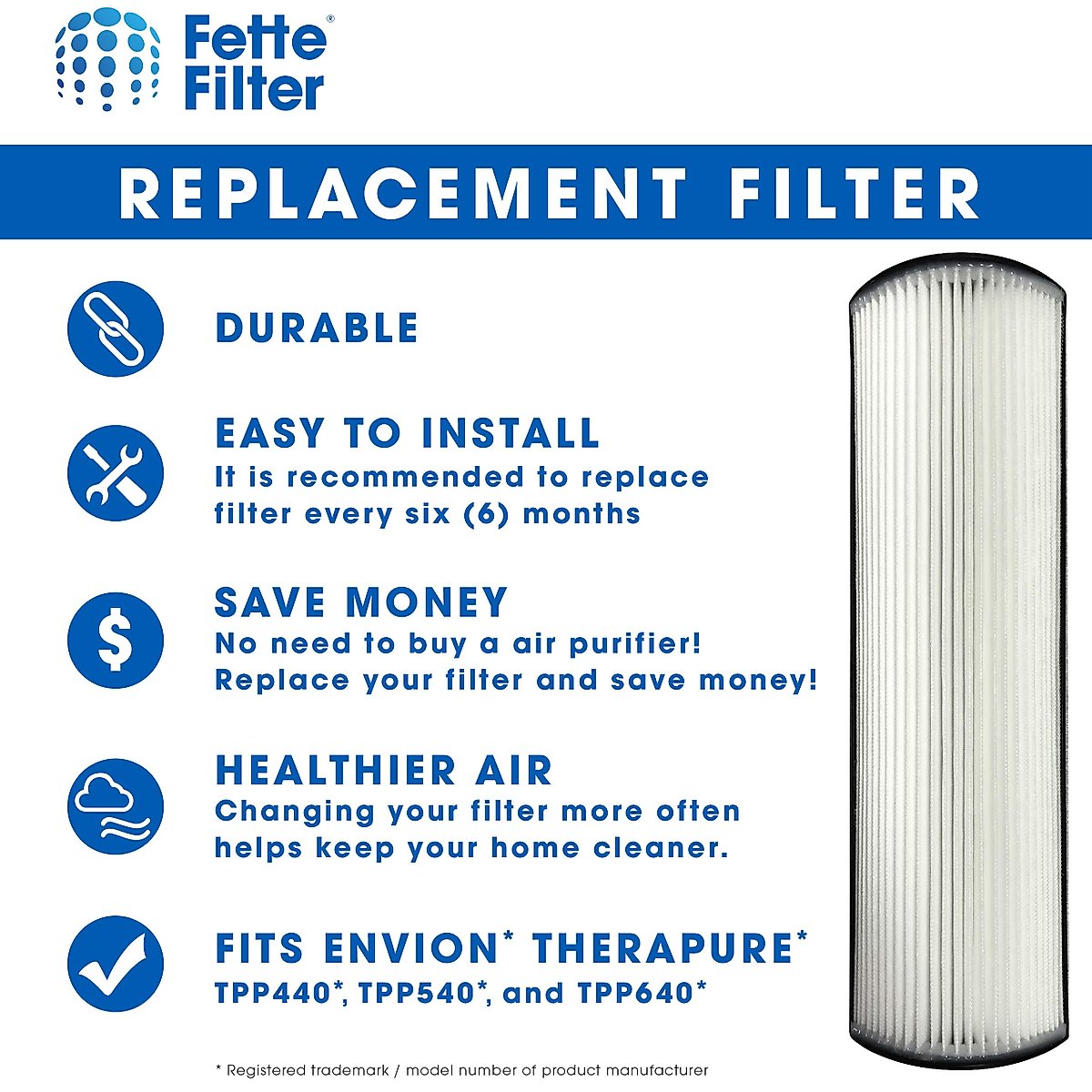 Fette Filter - TPP440F True HEPA H13 Replacement Filter Compatible with Therapure Envion Air Purifier Models TPP440 TPP540 TPP640 TPP640S - Package Contains 2 Replacement Filters.