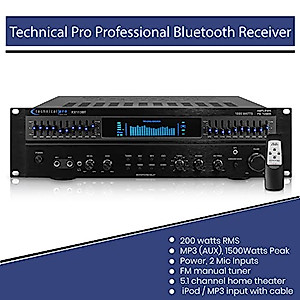 Technical Pro Professional 1500 watts Power Bluetooth Receiver with Built-in Equalizer, 5.1 Channel Home Theater, Dual Mic Inputs, 5 Band EQ & FM Radio