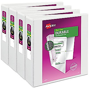 Avery Durable Clear View 3 Ring Binders, 3 Inch Binder Rings, 4 White Binders (09203)