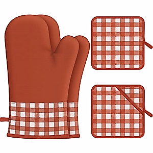 Oven Mitts and Pot Holders, 4 Piece Heat Resistant Thick Cotton Oven Mitts, Comfortable Cotton Oven Gloves for Cooking, Baking and Grilling, Red Plaid