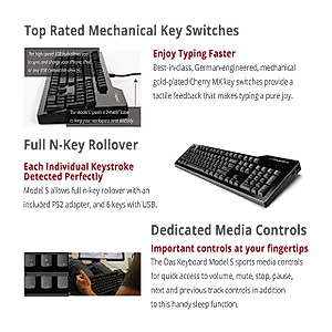 Das Keyboard Model S Wired Mechanical Keyboard, Cherry MX Blue Mechanical Switches, 2-Port USB Hub, Laser Etched Keycaps (104 Keys, Black)