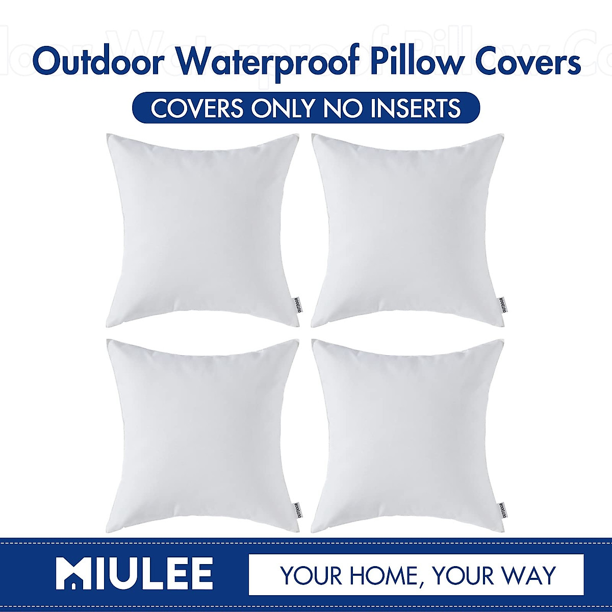 MIULEE Pack of 4 Decorative Outdoor Pillow Covers Waterproof Square Garden Cushion Cases PU Coating Throw Pillow Cover Shell for Tent Park Couch 20x20 Inch White
