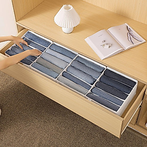 Coorganisers 4 Packs Jeans Drawer Organizers for Clothing,5 Grids Compartment Wardrobe clothes organizer,Fabric Washable Closet Organizers and Storage Bins for Jeans,Pants,Bra,Legging,t-shirt-White