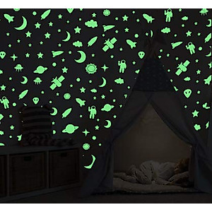 Glow in The Dark Stars, Moon and Space Wall Decals for Kids Bedrooms Nursery Baby Room Kids Room – Stylish Glow in The Dark Decals for Wall and Ceiling Decoration Featuring Stars, Moon and Planets