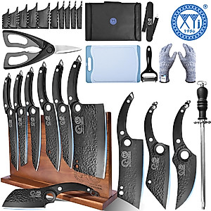 XYJ Professional Black Kitchen Knife Set with High-Carbon Steel Forged Blades, Chef's Knife, Cleaver, Carving Knife, Nakiri, Includes Carrying Bag & Poultry Scissors,Gift Bag Christmas Gifts