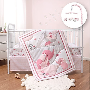 The Peanutshell Pink Elephant Nursing Decor Set | 4 Pieces | Crib Comforter, Crib Sheet, Crib Mobile, Dust Ruffle