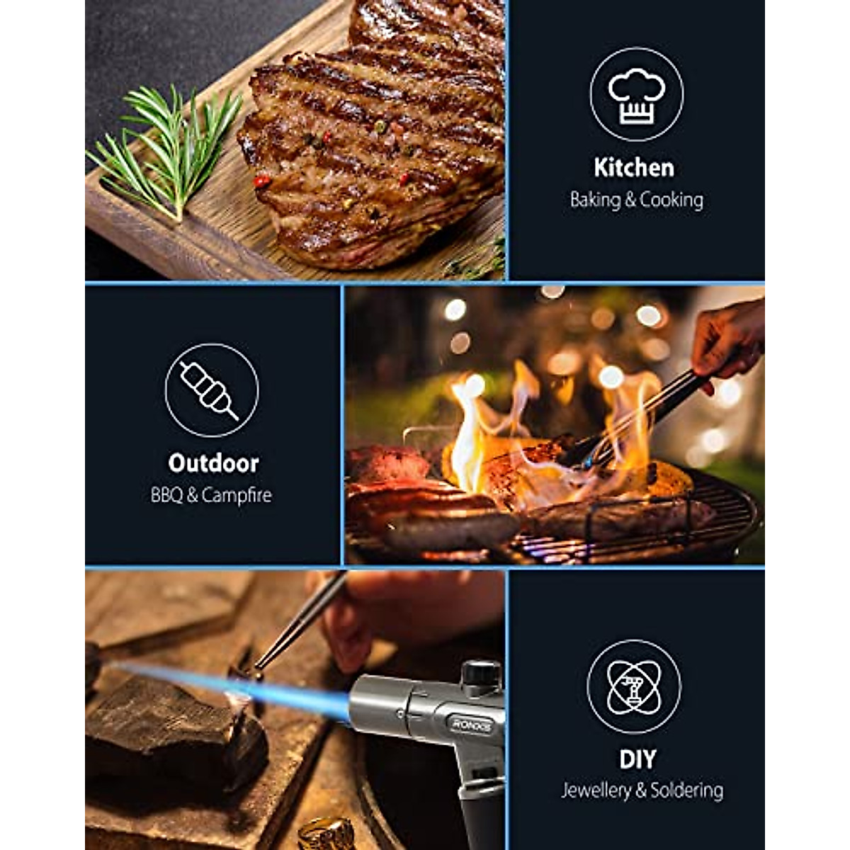 RONXS Torch Lighter, Multipurpose Lighter with Dual Flame, You Can Switch Single /Dual to Meet All Your Need, Heavy Duty Construction Butane Torch, Butane Gas Not Included