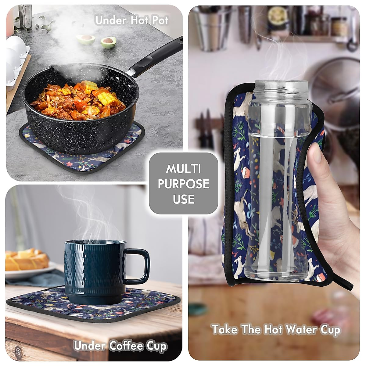 Christmas Deer Oven Mitts and Pot Holders Sets of 2 Heat Resistant Non-Slip Kitchen Gloves Hot Pads with Inner Cotton Layer for Cooking BBQ Baking Grilling