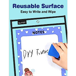 SUNEE 30 Packs Oversized Reusable Dry Erase Pocket Sleeves with 2 Rings, Black 10x14 Ticket Holders, Clear Plastic Sheet Protectors, Teacher School Classroom Supplies