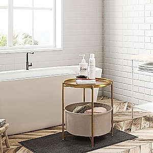 danpinera Round Side Table with Fabric Storage Basket, Metal Small Bedside Nightstand with Removable Tray Top for Living Room, Bedroom, Nursery, Laundry, Gold