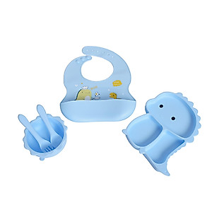 Silicone Baby Feeding Set, Baby Led Weaning Supplies, Eating Essentials Utensils with Suction Plate and Bowl, Pocket Bib, Sippy Cup with Lid, Forks Spoons Snack Container (Tropical Blue) 6M +