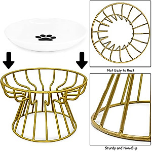 BNOSDM Raised Cat Dish Ceramic Shallow Cat Bowl with Gold Stand Elevated Pet Food Plate for Indoor Cat Kitten Small Dogs