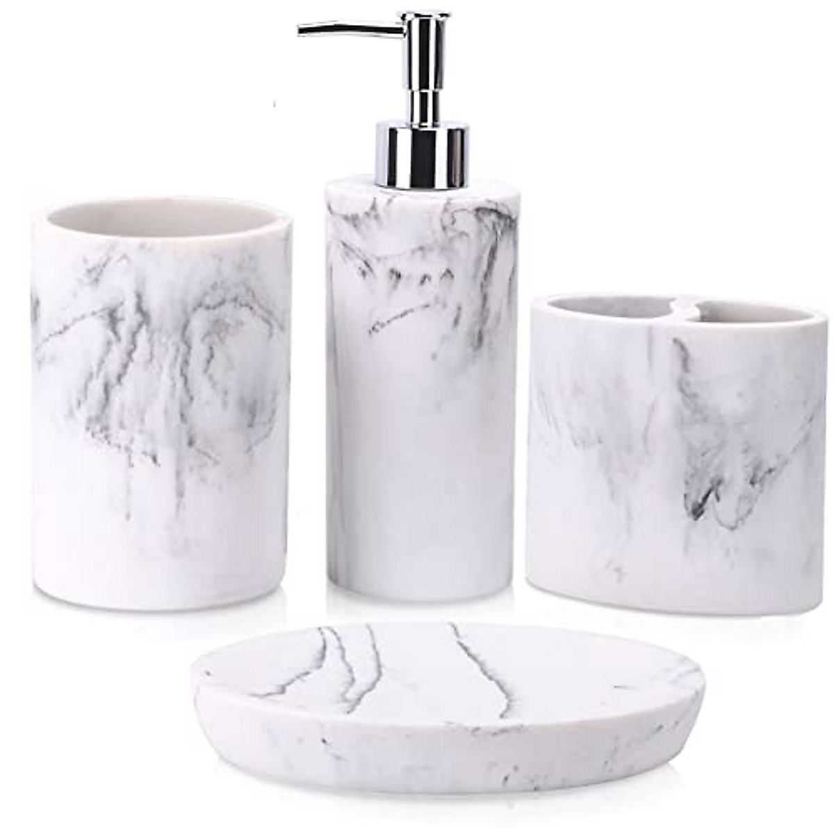 ZCCZ Bathroom Accessory Set, 4 Pcs Marble Look Bathroom Vanity Countertop Accessory Set Bathroom Décor Sets Accessories with Soap Dispenser Bathroom Toothbrush Holder Set, Bathroom Tumbler, Soap Dish